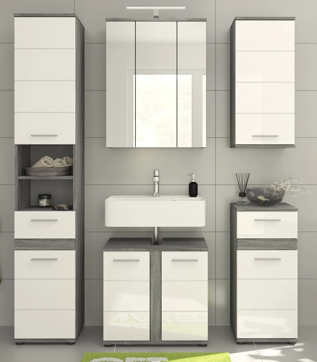 Badezimmer-Set Blake | weiß Hochglanz / rauchsilber | 5-teilig